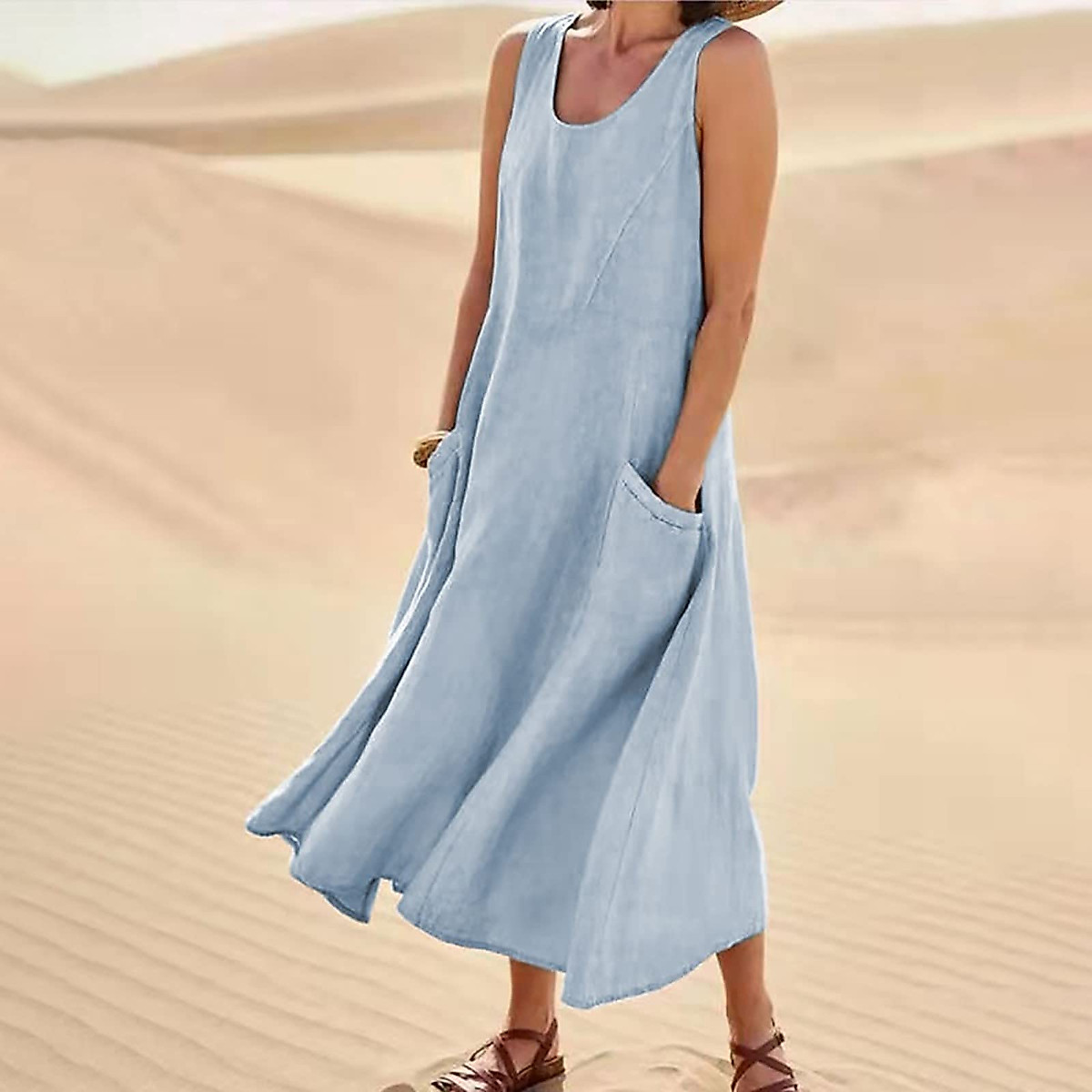 Maxi Dress for Women,2023 Spring Summer Cotton Linen Dress,Ladies Plus Size Boho Beach Flowy Long Dress with Pockets,Casual Trendy Elegant Sleeveless Sundress for Holiday Resort Wear（C-Blue,XXL