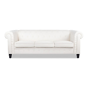 Naomi Home Emery Chesterfield Sofa with Rolled Arms, Tufted Cushions / 3 Seater Sectional Sofa Couch for Small Spaces, Living Room, Bedroom, Apartment Easy Tool-Free Assembly - White, Air Leather
