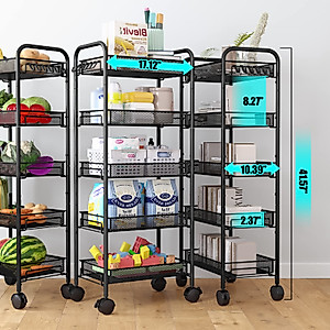 HomeHom 5-Tier Rolling Cart, Metal Utility Cart with Lockable Wheels, Rolling Storage Cart with Handle Kitchen Cart with 12 Hooks for Office, Bathroom, Kitchen, Kids' Room, Classroom (Black)