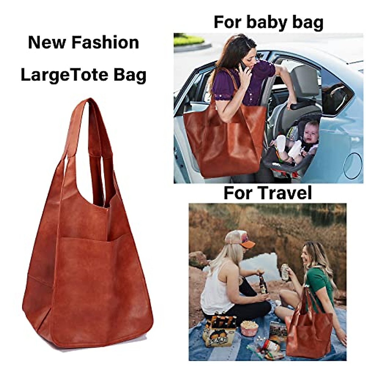 KlaOyer Oversized Leather Tote Bag Large Capacity Work Hobo Pu Leather Bucket Purse And Handbag Big Soft Travel Shopping Bag (Black)