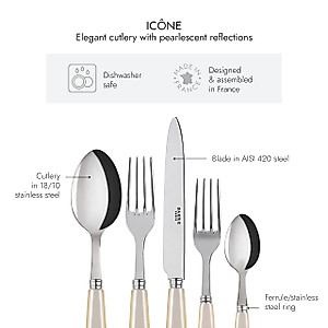 SABRE PARIS - 5-Piece Flatware Set - Icône Collection - Knife, Fork, Soup Spoon, Teaspoon & Dessert Fork - Stainless Steel & Acrylic - Dishwasher Safe - Pearly White