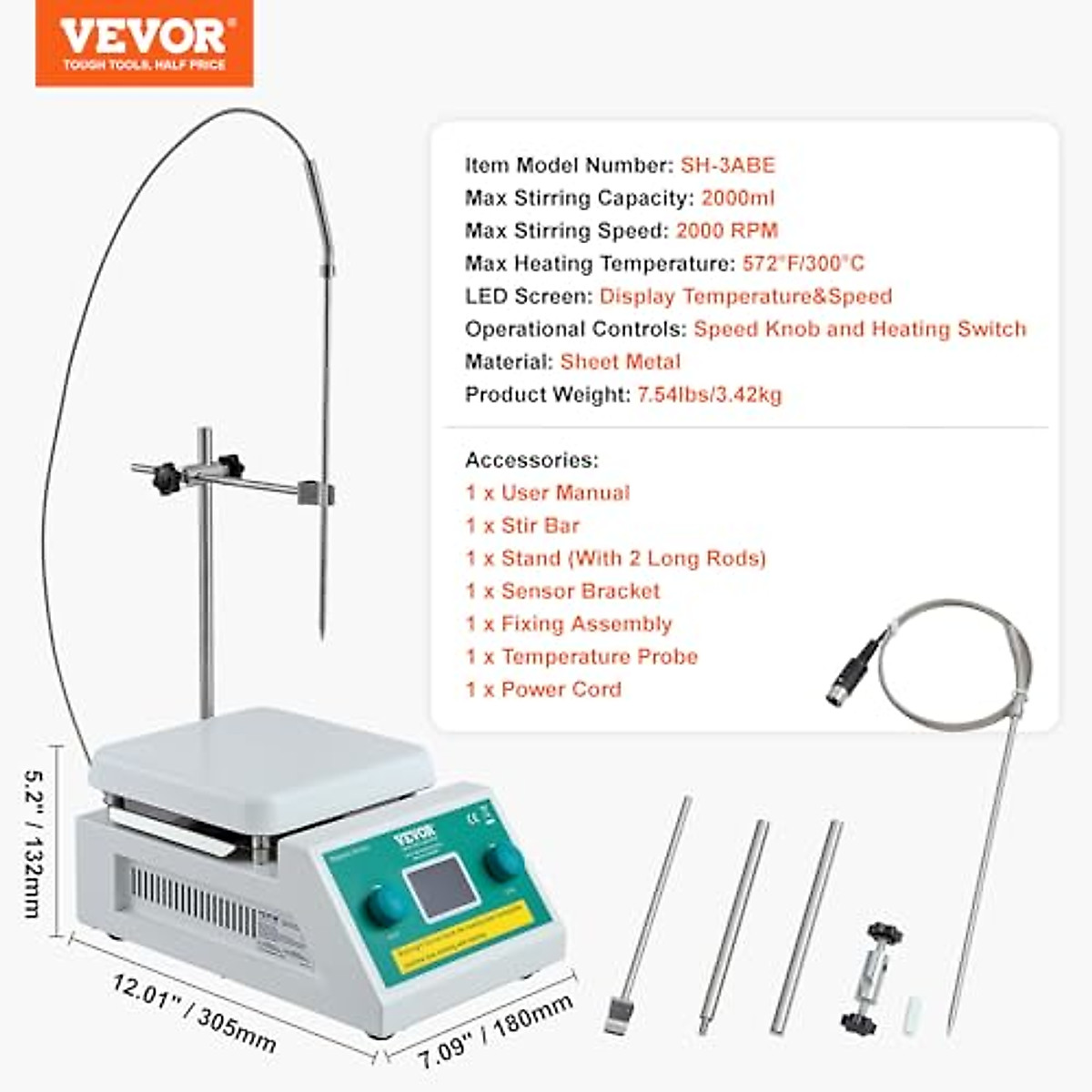 VEVOR Magnetic Stirrer Hot Plate, 500W Heating Power 2000ml Lab Stirrer 572°F/300°C 200-2000 RPM Digital Magnetic Stirrer with 7" Ceramic Coated Heating Plate Magnetic Mixing