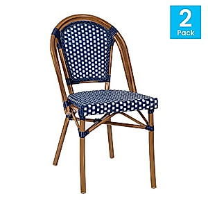 Flash Furniture Bordeaux Set of 2 Indoor/Outdoor Commercial Bistro Stack Chairs - Navy/White PE Rattan Back and Seat - Natural Bamboo Print Aluminum Frame