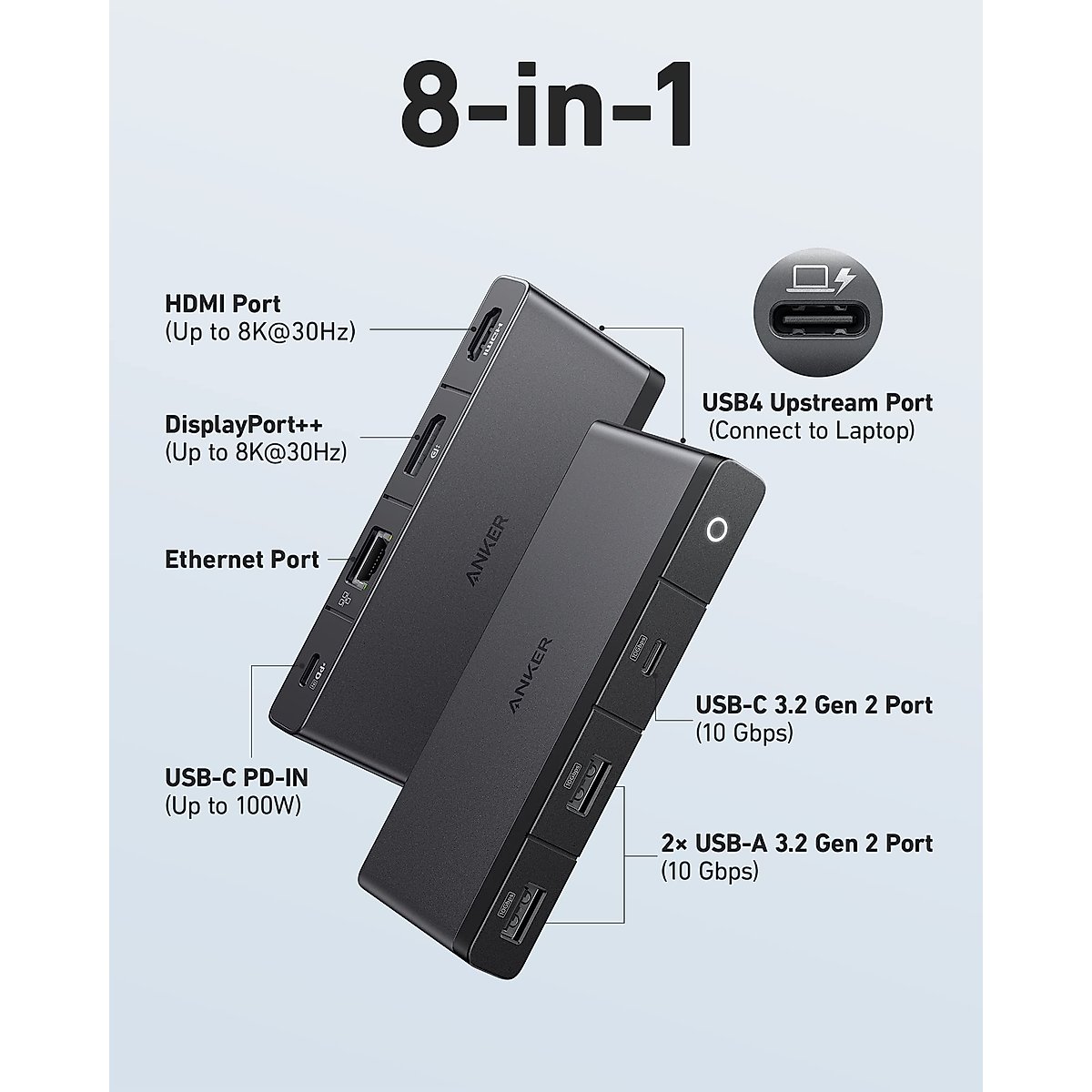 Anker USB C Hub, 556 USB-C Hub (USB4, 8-in-1) with 1.6ft USB4 Cable, 10 Gbps USB-C and USB-A Data Ports, 8K HDMI and DisplayPort New Nylon USB C to USB C Cable 100W 10ft, USB 2.0 Type C Chargi
