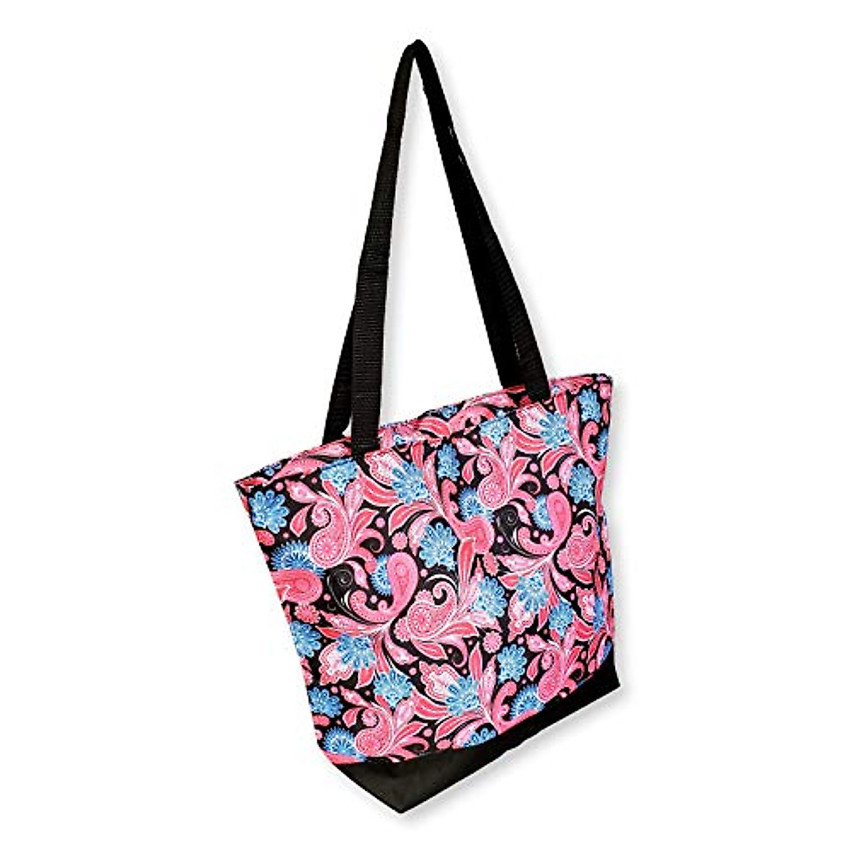 Women Teen Fashion Print Lined Top Zipper Tote Bag Handbag with Lined Interior - Can be Personalized (Black Trim Pink Paisley)