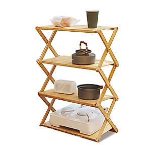Rosvola Foldable Wood Rack, Strong Bearing Capacity Wide Applications Camping Portable Folding Shelf for Outdoor (4 Layers)