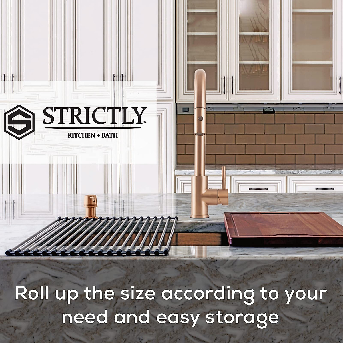 Strictly Sinks Stainless Steel Dish Drying Rack – Gold 21 X 13 Inches Roll Up Dish Drying Rack – Multipurpose Foldable Over The Sink Kitchen Drainer, Countertop Cooling Rack