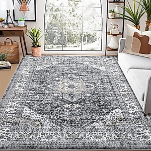 ROYHOME 8x10 Area Rug Machine Washable Rug for Living Room Vintage Medallion Distressed Indoor Accent Rug Stain Resistant Non-Slip Traditional Boho Floor Cover Carpet Rug for Home Decor, Grey