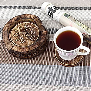 GoCraft Wooden Coasters Set of 6 | Handmade Drink Coasters with Lotus Shaped Holder in Rustic Wood Design Carving
