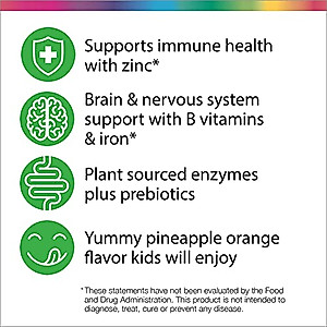 Rainbow Light Multivitamins for Kids, Vitamin B, Zinc & Iron, Prebiotics, Nutri Stars Provides Brain & Nervous System Support, Pineapple Orange, 120 Chewable Tablets