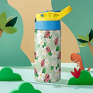 Kids Water Bottle with Straw Lid Small Flower with Ladybug Print 12 Oz/350 Ml Stainless Steel Reusable Thermos Bottles