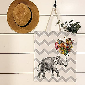 Canvas Shoulder Bag,Light Grey Geometric Ripples Elephant and Heart Flower Tote Bag for Books,Birthday Inspirational Gifts