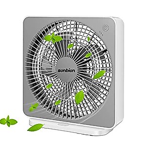 SONBION Box Fan, Three Speeds Window Table Cooling Fan 10 Inch DC Desk Fan with Plug-In AC Adapter, Strong Wind,Quiet Operation Work Fan for Home Bedroom Office Desk Outdoor Travel