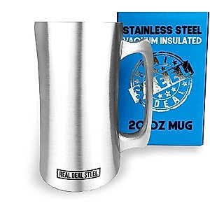 Real Deal Steel Stainless Steel Insulated Beer Mug Vacuum Beer Stein with Welded Handle - 20oz Total Capacity - Large Metal Tankard for IPA, Coffee - Double Walled Mug