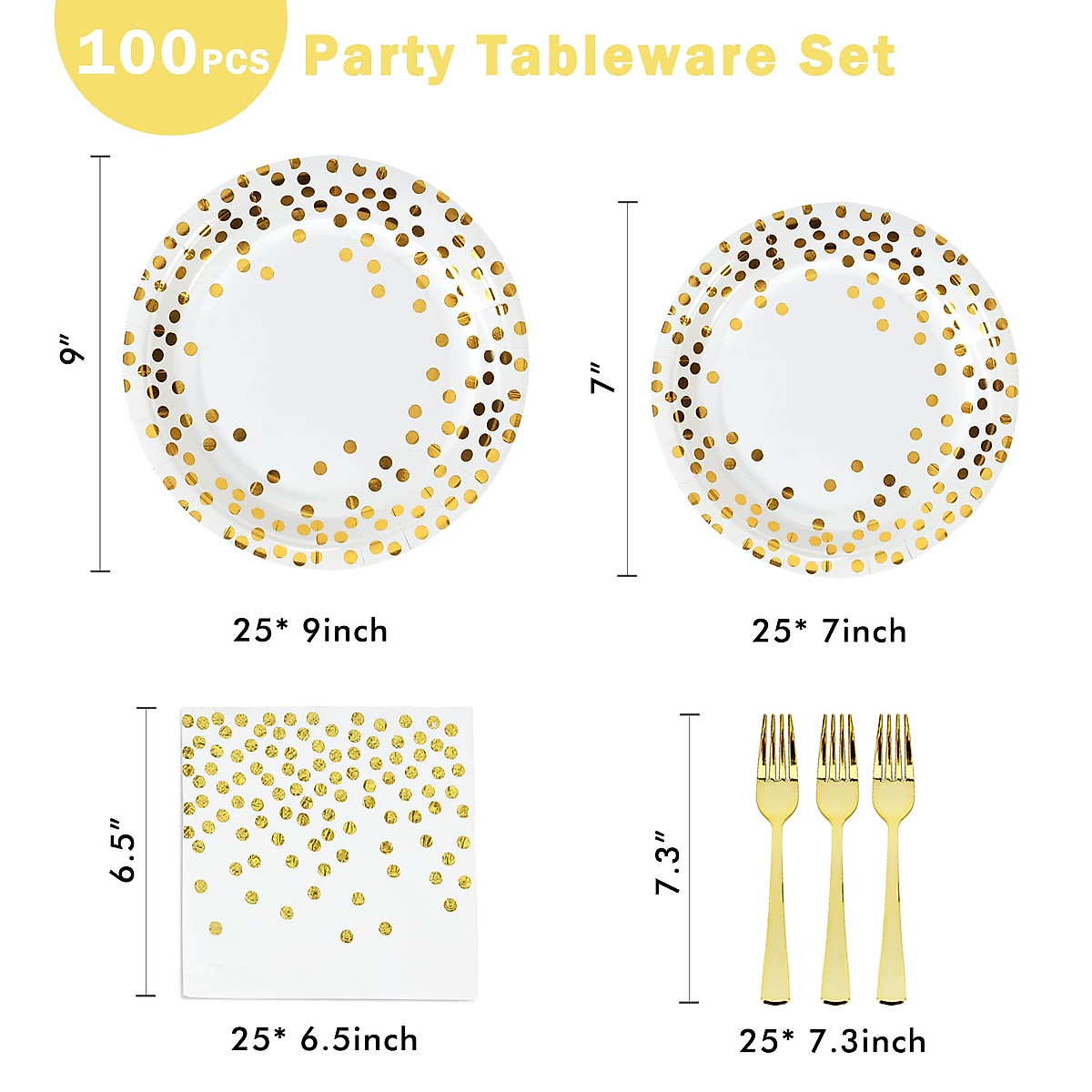 CENLBJ White and Gold Party Supplies,Disposable Party Dinnerware,Golden Dot Paper Plates,Napkins,Forks for Wedding,Birthday,Cocktail Party,Anniversaries,Engagements Serve 25