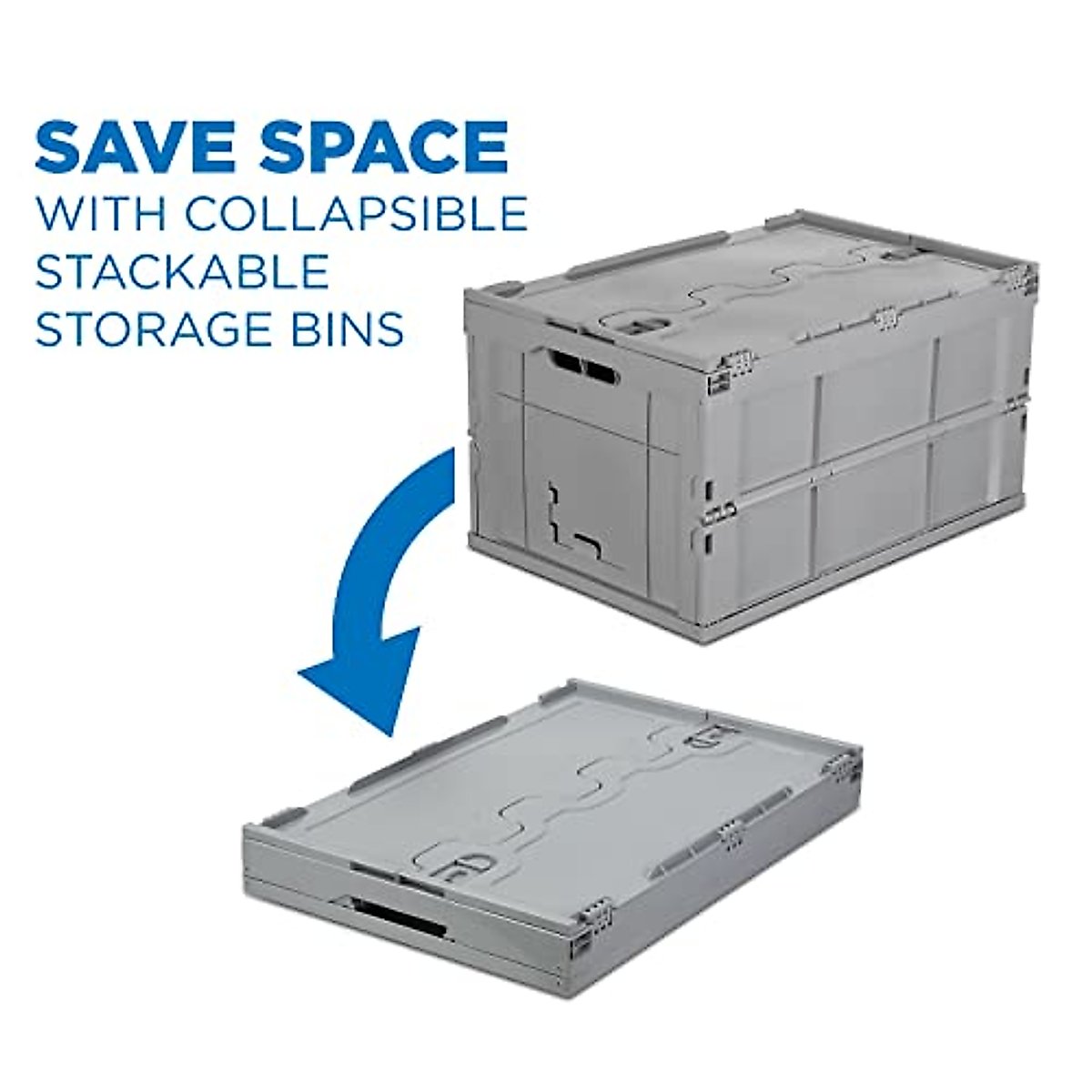 Mount-It! Folding Plastic Storage Crate, PACK OF 3, Collapsible Utility Distribution Container with Attached Lid, 65L Liter Capacity, Gray,