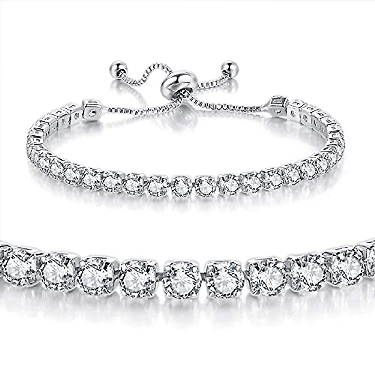 GEMOSA Tennis Bracelets for Women White Gold Plated Diamond AAA+ Cubic Zirconia CZ Dainty Classic Adjustable Slider Bracelet Silver Fashion Jewelry Wedding Gift