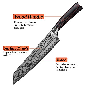 CULITECH Chef Knife, 9 inches German High Carbon Stainless Steel Damascus Pattern Kitchen Knife with Pakka Wood Handle for Home and Outdoor Picnic Use