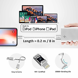pengo Short Lightning Cable, USB Cable with Lightning Connector, Apple MFi Certified Charger and Sync/Data for iPhone 12/11/X/8/8 Plus 7/7 Plus,Double-Braided Nylon (0.66 ft / 8 in / 0.2 m)(Silver)