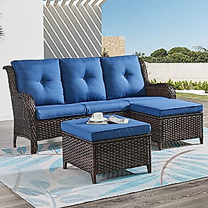 HUMMUH Outdoor Ottomans for Patio Set of 2 PE Wicker Steel Frame Outdoor Footstool for Patio, Backyard, Additional Seating, Side Tables with Removable Weather-Resistant Cushions