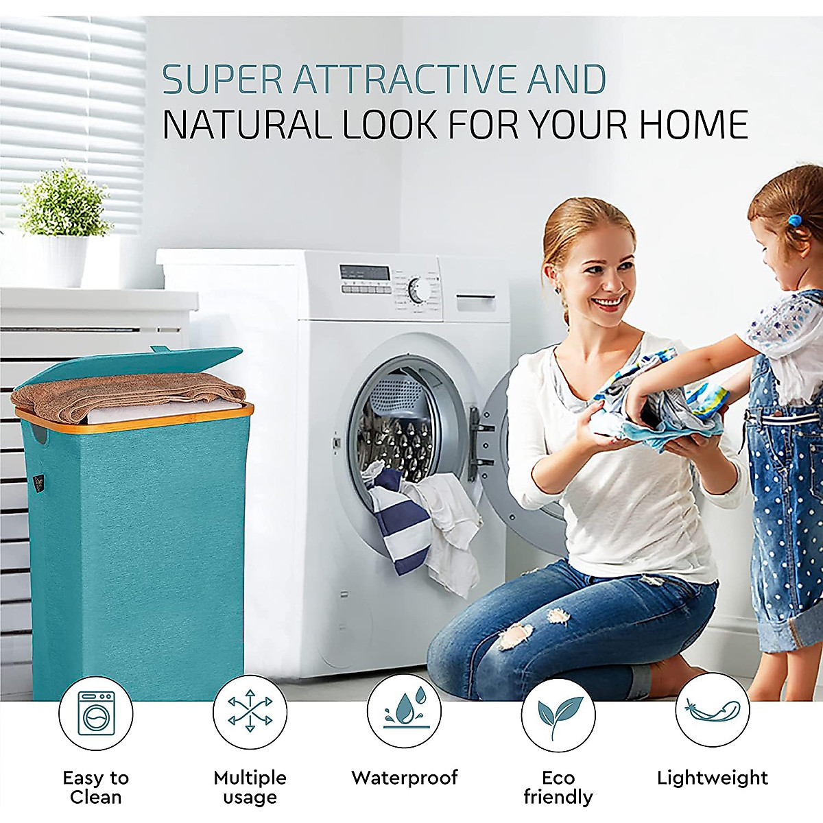 Royal Assad Large Collapsible Laundry Hamper with Lid - Foldable Bamboo Laundry Basket with 2 Removable Bags for Clothes, Towels, Bedroom, Bathroom - 27.2 Gallons (103L) - Light Teal