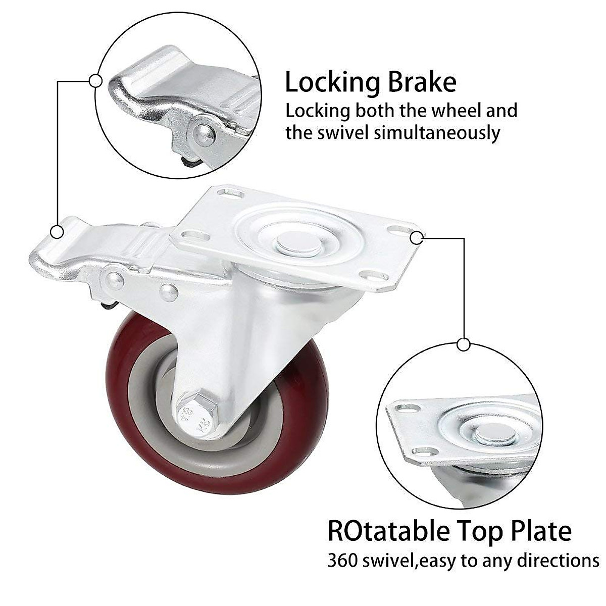 4 Inch Caster Wheels, Set of 4, Heavy Duty Casters Load 2400lbs with Brakes & Top Plate, 360-degree Swivel Casters for Furniture and Workbench Cart (Free Hardware Kit)