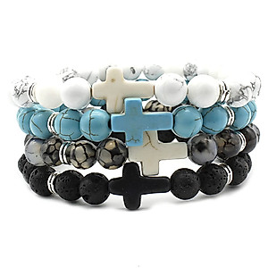 XIMEO 8PCS Cross Beads Bracelet Set Lava Rock Howlite Turquoise Tiger Eye Stone Natural Stone Bracelet Stretch Elastic Healing 8mm Beads Bracelet