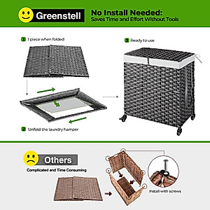 Greenstell Laundry Hamper with Wheels, No Install Needed, 110L Divided Handwoven Hampers & 2 Removable Liner Bags, Rattan Clothes Laundry Basket with Lid & Handles, Foldable Hampers Gray 22x13x26.4 In