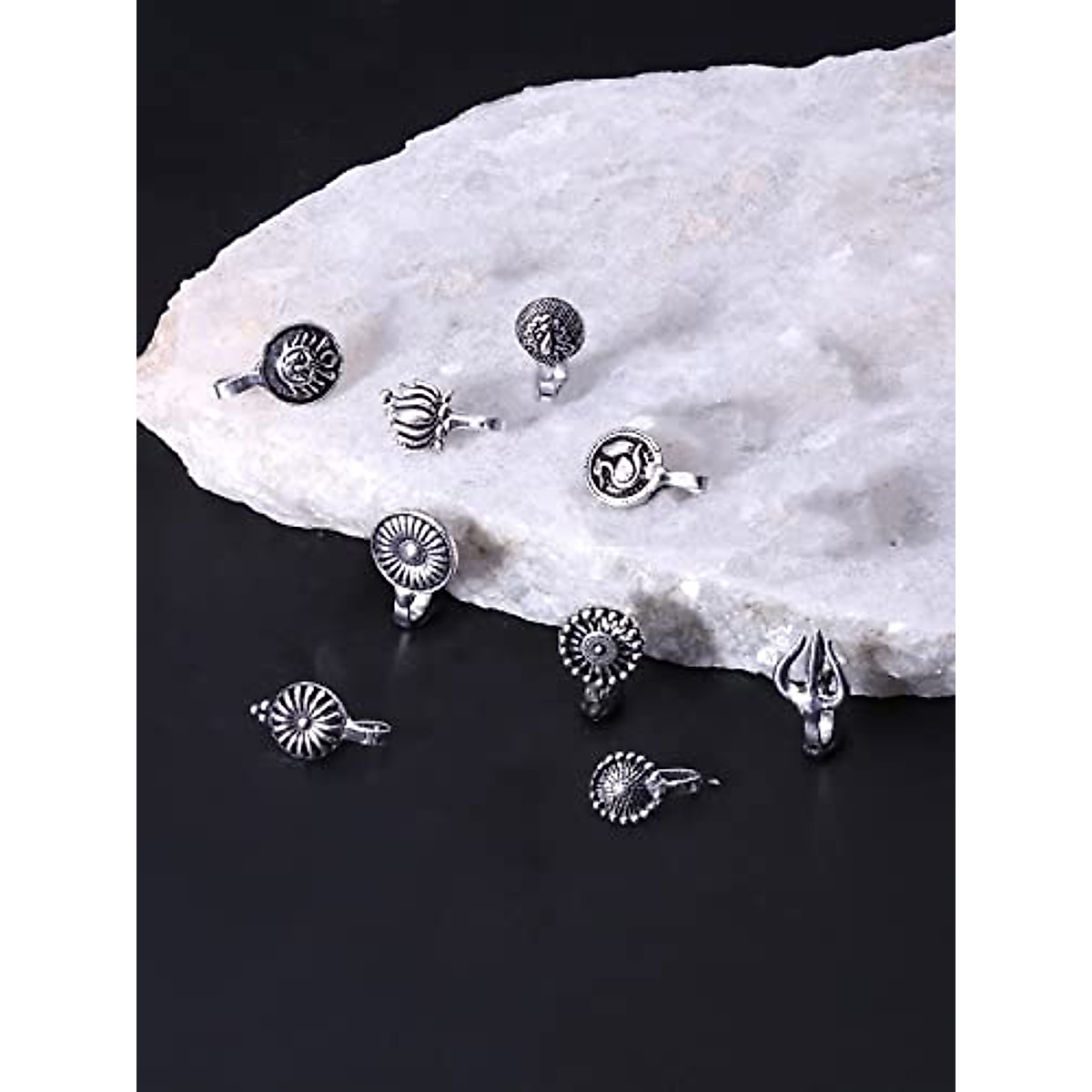 Yellow Chimes Antique Silver Oxidized 8 pcs combo set Ethnic Indian Traditional non-piercing Nose pin Jewelry for Women and Girls