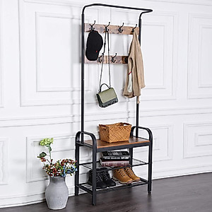 Sunnyglade Vintage Coat Rack Shoe Bench, Hall Tree Entryway Storage Shelf, Wood Look Accent Furniture Metal Frame, 3 in 1 Design, Easy Assembly
