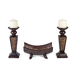 Creative Scents Schonwerk Pillar Candle Holder Set of 2- Crackled Mosaic Design- Functional Table Decorations- Centerpieces for Dining/Living Room- Best Wedding Gift (Brown)