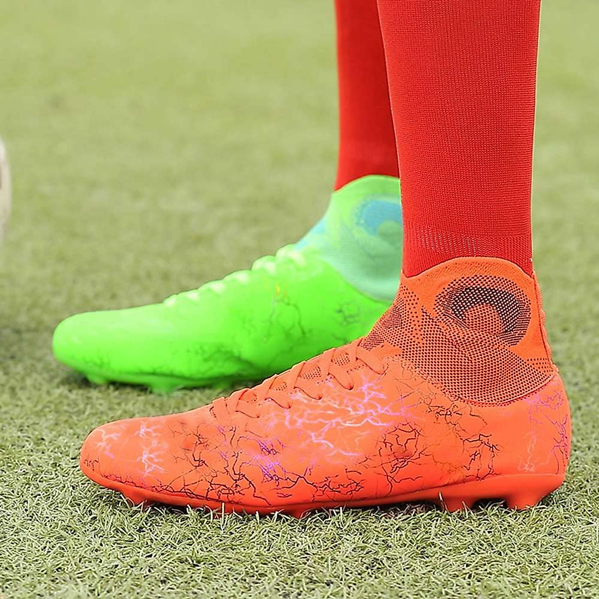 WELRUNG Men's Women's FG Cleats Training Athletic Non-Slip Long Studs High-Top Football Soccer Shoes for Youth Couple 12/10.5 US Orange Green