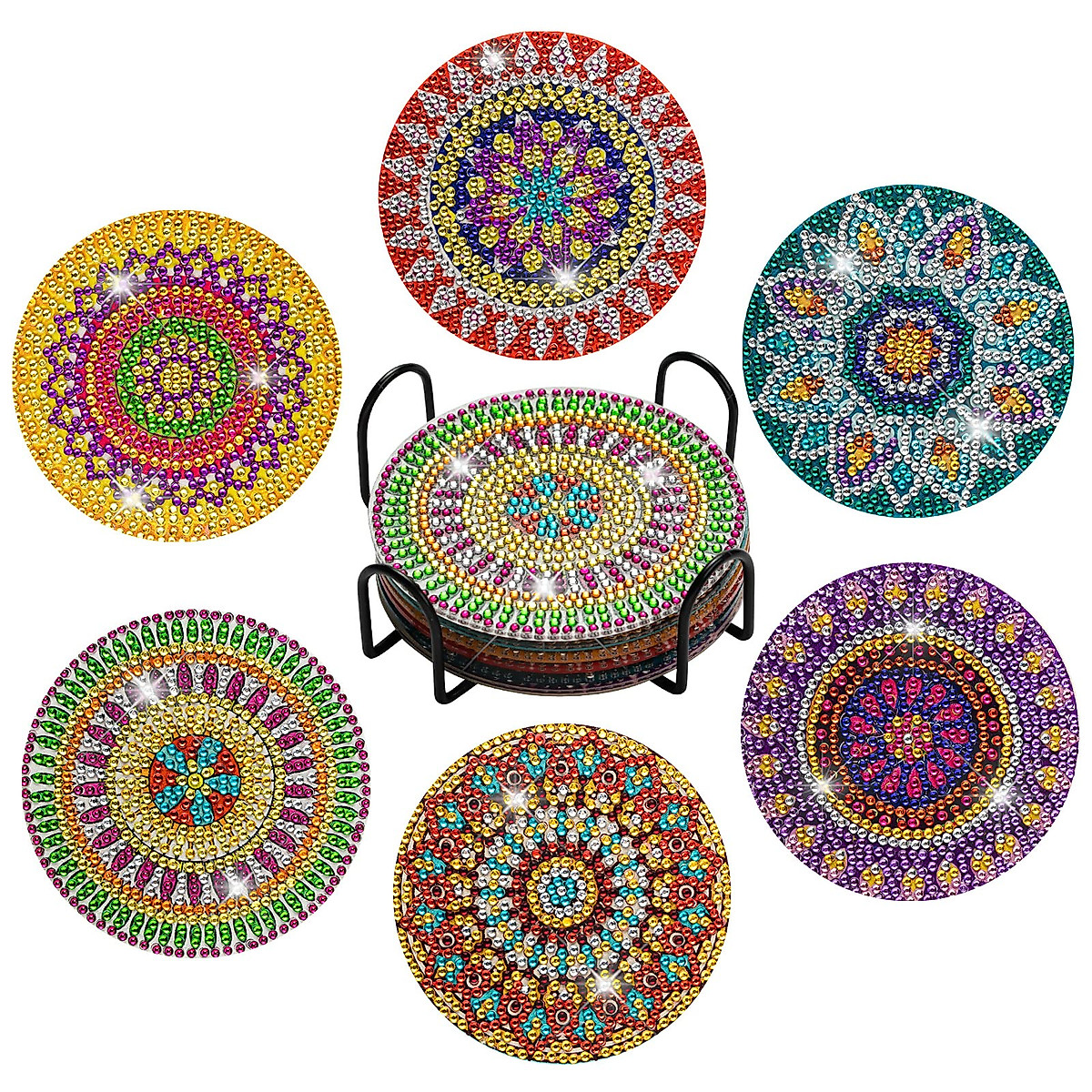 FSTSLK Diamond Art Kits - 6 Pcs Diamond Painting Coasters with Holder - DIY Mandala Coasters for Beginners, Adults & Kids Art Craft Supplies - Cool Valentines Day Gifts & Easter Basket Stuffers