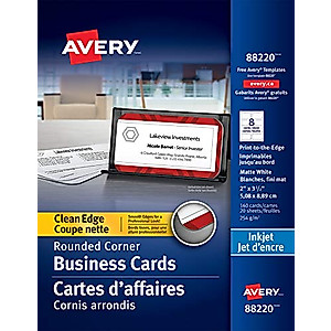 Avery Clean Edge Printable Business Cards with Sure Feed Technology, Rounded Corners, 2" x 3.5", White, 160 Blank Cards for Inkjet Printers (88220)