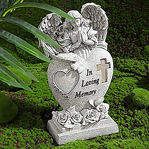 SJZ Garden Angel Statue Sympathy Gift with Cross Solar LED Light, Human Memorial Gifts , in Memory of Loved One, Condolence Gifts, Bereavement Gifts, Cemetary Grave Decorations