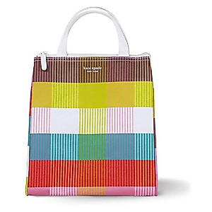 Kate Spade New York Portable Soft Cooler Lunch Bag with Silver Insulated Interior Lining and Storage Pocket, Rainbow Plaid