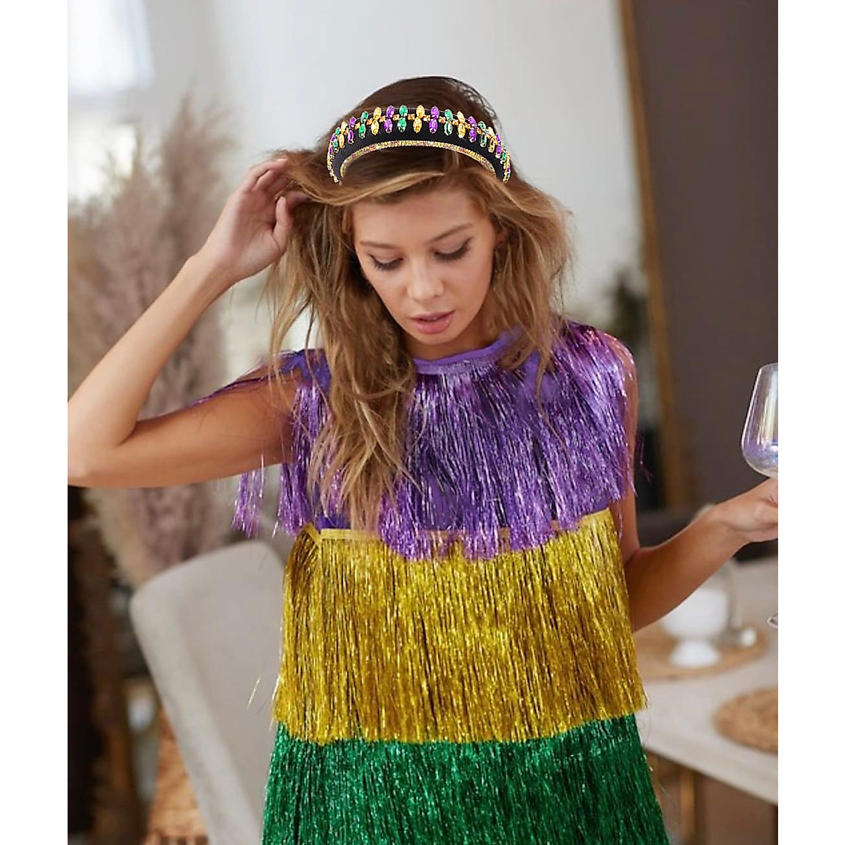 Crystal Mardi Gras Headband for Women Girls Sparkly Rhinestone Embellished Purple Green Yellow Hairbands Elastic Wide Carnival Hair Hoop Parade Headwear (Crystal)