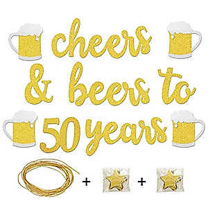 50th Birthday Decorations for Men/Women - 50th Birthday Gifts - Cheers & Beers to 50 Years Gold Glitter Banner - 50th Anniversary Decorations for Party, 50th Wedding Party Supplies for Couple