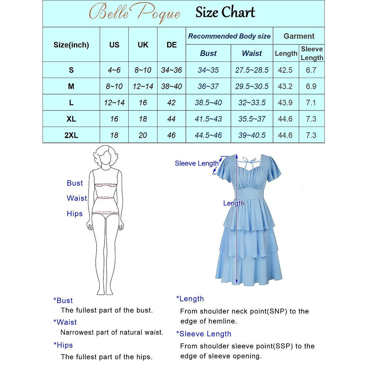 Short Sleeve Elegant Cocktail Party Dress 1950s Retro Square Neck Smocked Waist Tiered Layered Dress Light Blue XL