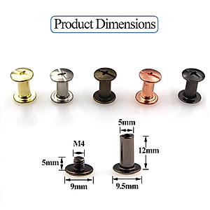 Alloygold 70 Sets Chicago Screw 1/2 inches Kit 5 Color Leather Rivets Screw Rivets Chicago Screw Buttons DIY Leather Trim Black Silver Gold Copper Rose Gold （M5*12）