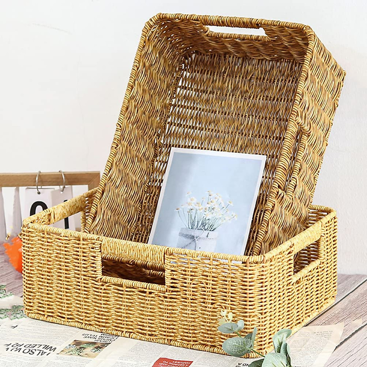 Storage Basket Wicker Woven Baskets for Storage Toilet Tank Basket Coffee Station Condiment Organizer Shelf Basket Coffee Condiment Organizer Woven Storage Bin Rattan Manager Pp