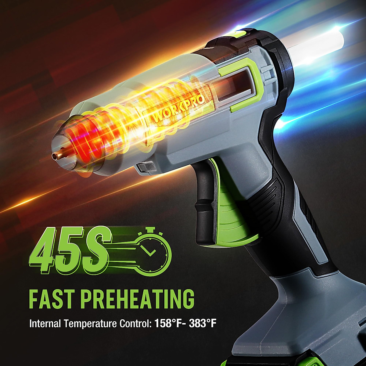 WORKPRO 20V Cordless Hot Melt Glue Gun Kit, 2.0 Ah Li-ion Battery Powered Rechargeable Full Size Hot Glue Gun, 45S Fast Preheating, Heavy Duty Wireless Glue Gun with 12 Pcs Glue Sticks for DIY & Craft