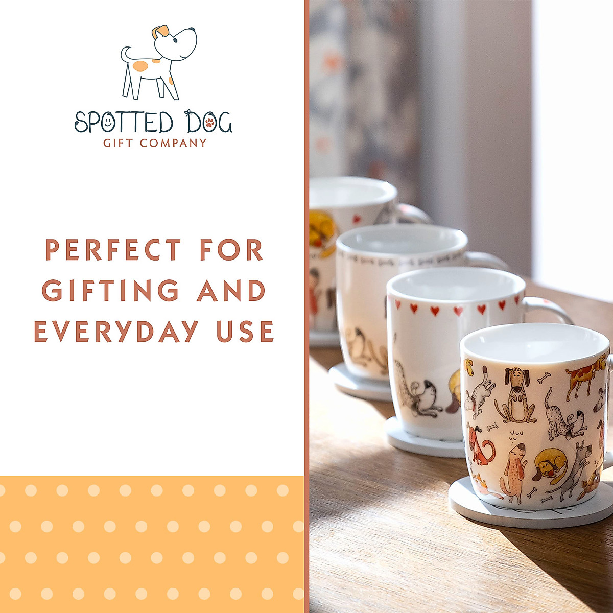 SPOTTED DOG GIFT COMPANY Dog Coffee Mug Set, Cute Mugs 12 oz Ceramic Porcelain China Coffee Tea Cups, Funny Dogs Themed Gifts for Dog Lovers and Animal Lovers Women Men, Set of 4