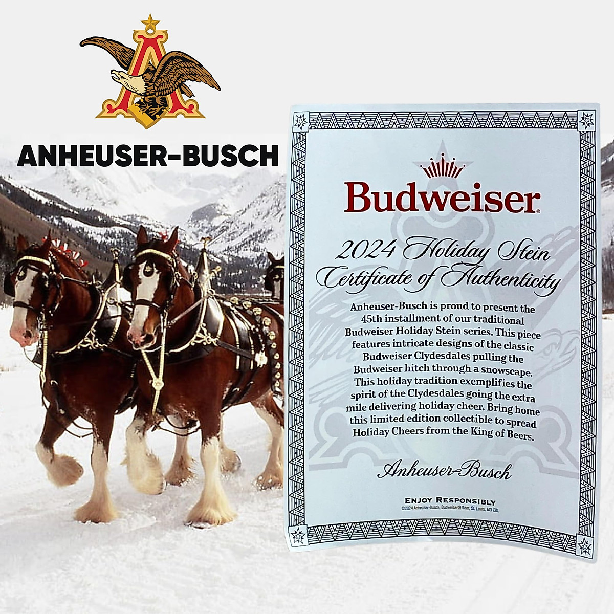 Budweiser 2024 91st Anniversary Limited Edition Collectors SERIES #45 Clydesdale Holiday Stein - Ceramic Beer Mug - Christmas Gift for Men, Father, Husband - Collectable Room Decor for Den, Man Cave