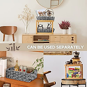 TCJJ 2-Tier Woven Baskets for Storage, Under Bathroom/Kitchen Sink Organizers and 2 Sliding Storage Bamboo Tray Bathroom Kitchen Pantry Medicine Cabinet Counter(Grey) (SBBH)