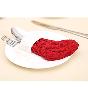 DegGod 6Pcs Christmas Tableware Silverware Holders Set, Red Knitted Christmas Stockings Knife and Fork Bags Covers for Thanksgiving New Year Party Decorations Xmas Dinner Table Decor Ornaments (Red)