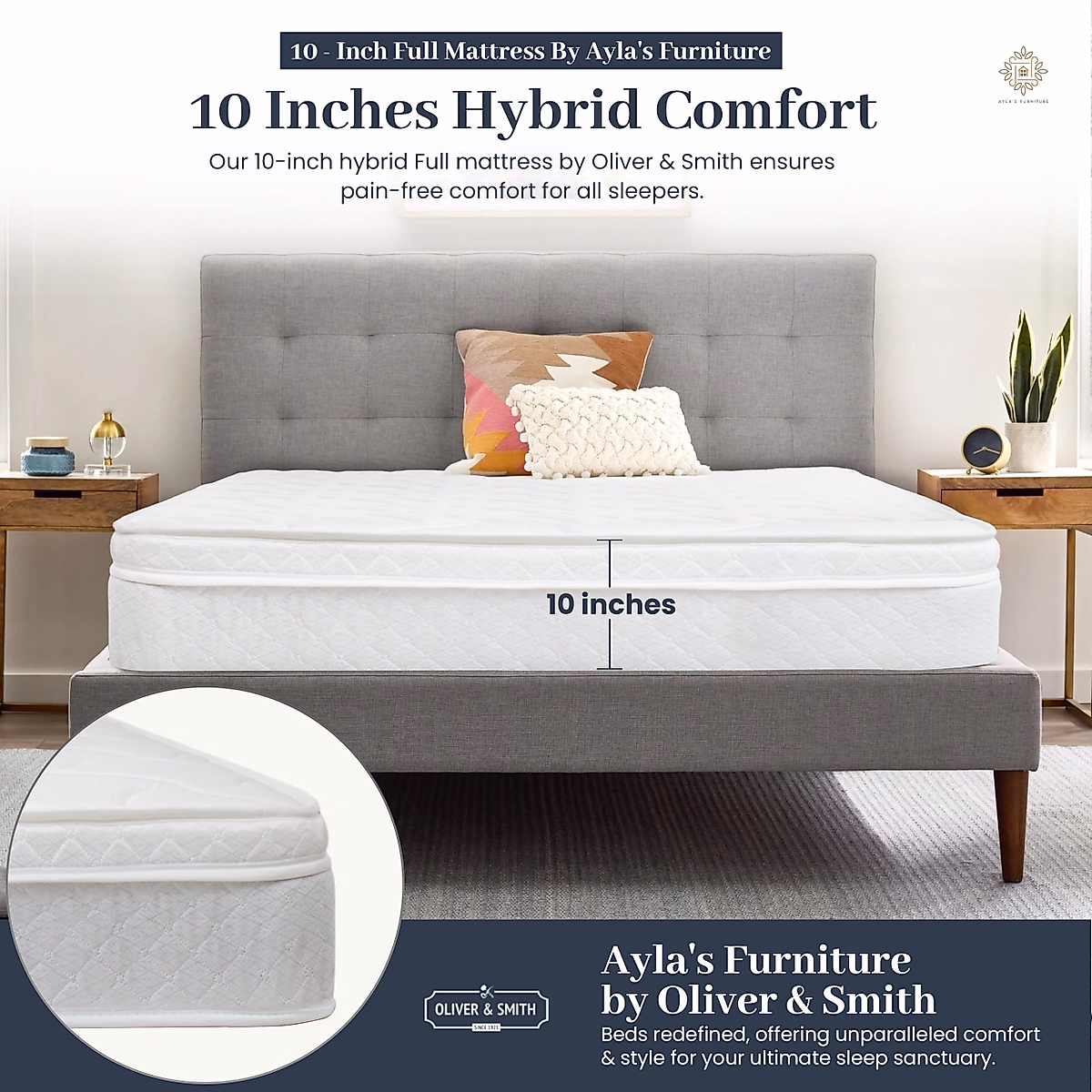 Aylas Furniture Full Size Mattress - 10 Inch Hybrid Full Mattress with High Density & Comfort Cold Foam with Continuous Coil Bonnell Springs - Eco-Friendly, Breathable Medium Firm
