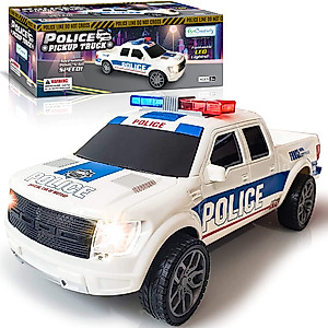 ArtCreativity Police Car Pickup Truck with LED Headlights and Sirens, Police Car Toys for Boys 3-5, Light-Up Push and Go Police Car Toy, Police Monster Trucks, Toy Trucks for Kids