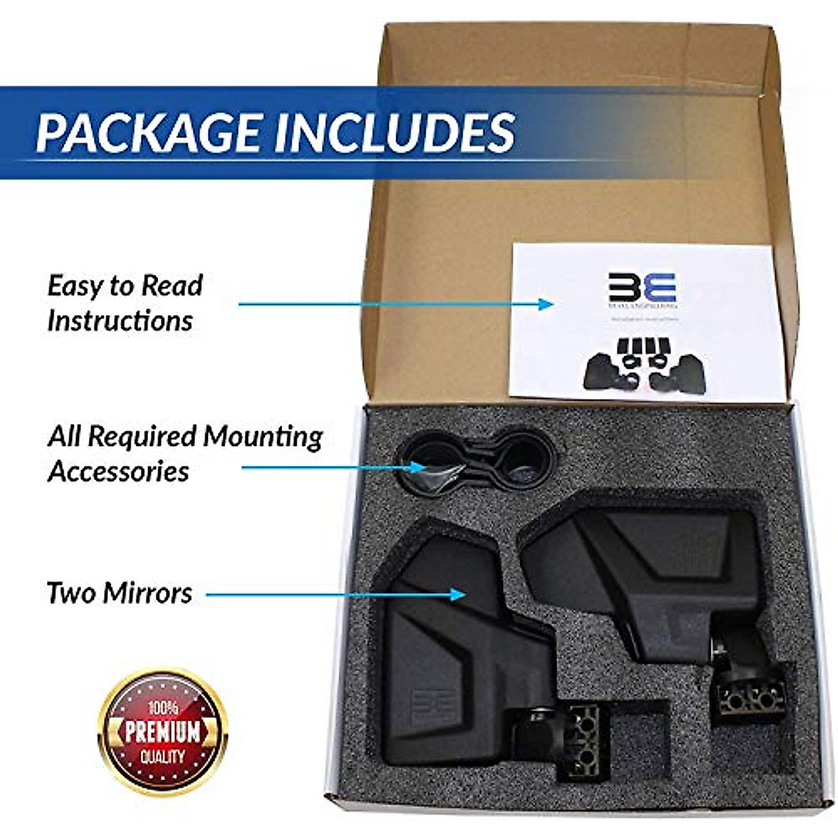 Bevel Engineering UTV Rear View Side Mirror Kit (2 Pack) - Compatible With 1.6" - 2" Round Roll Cage Bar - Break Away & Adjustable - High Impact Shatter Proof Tempered Glass (Driver & Passenger Side)