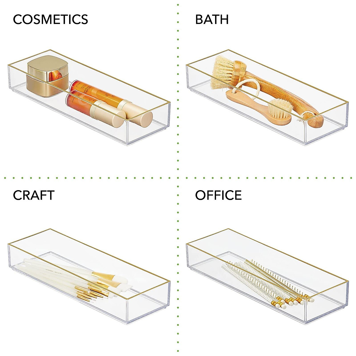 mDesign Slim Plastic Drawer Organizer, Storage Container for Cosmetics, Makeup, and Accessories on Bathroom Vanity, Countertop, or Cabinet - Lumiere Collection - 3 Pack - Clear/Soft Brass